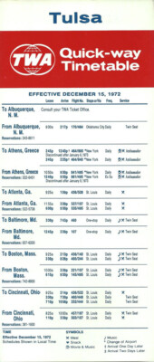 TWA Trans World Airlines Tulsa timetable 12/15/72 [1023] Buy 4+ save 50 ...