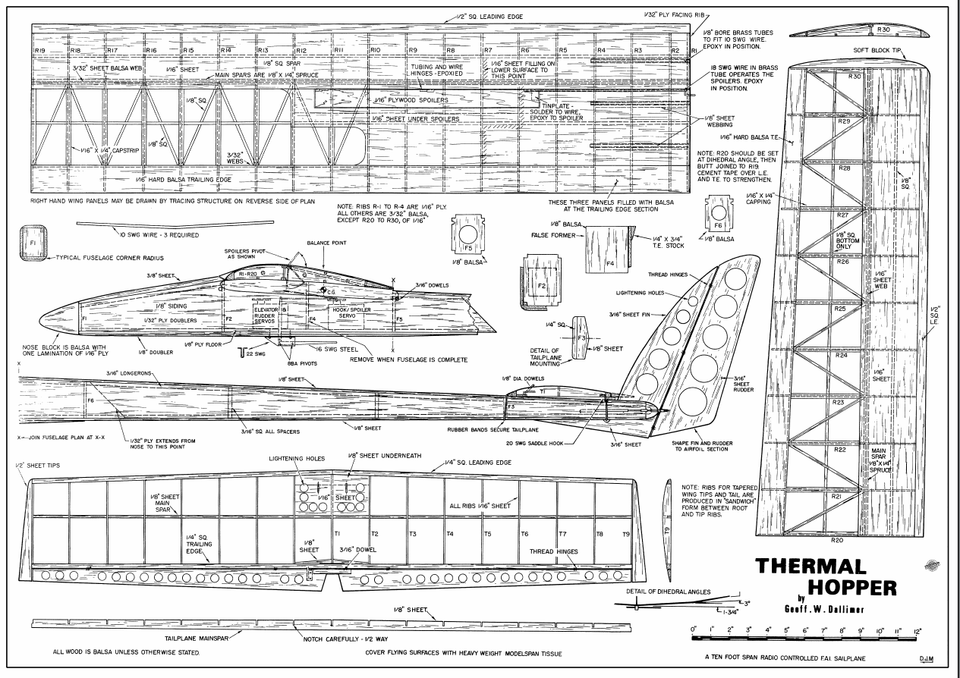 THERMAL HOPPER Sailplane, Glider, 120 inch WS RC Airplane Printed Plans ...