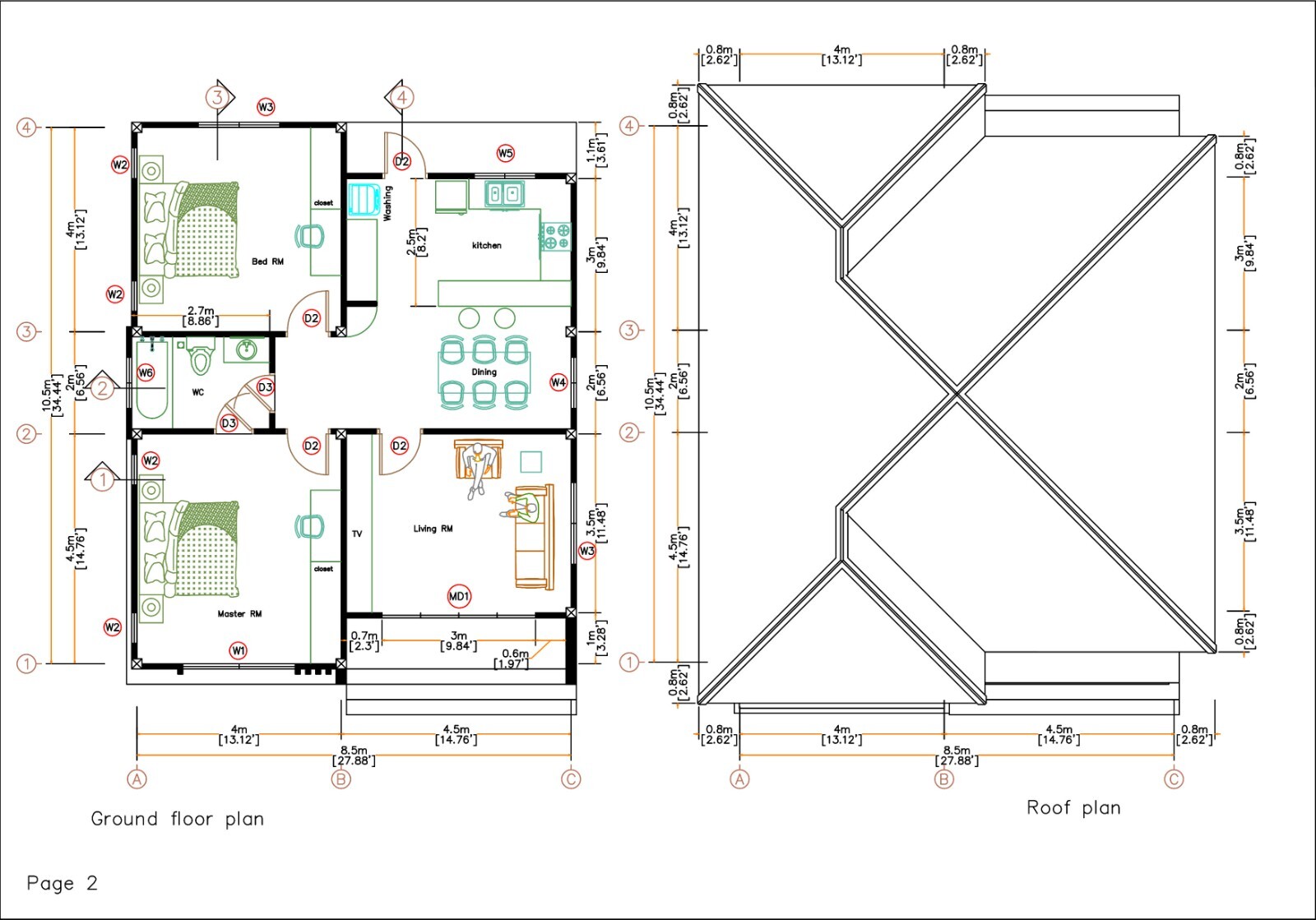 28x35 Small House Plan 8.5x10.5 Meter 2 Beds 1 bath PDF (A4 Printed ...
