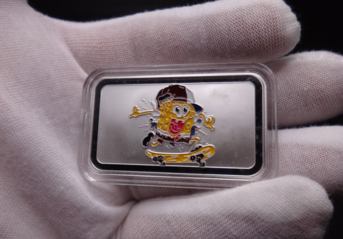 Spongebob Skateboarding Enameled 1oz AG .999 Fine Silver Art Bar | eBay