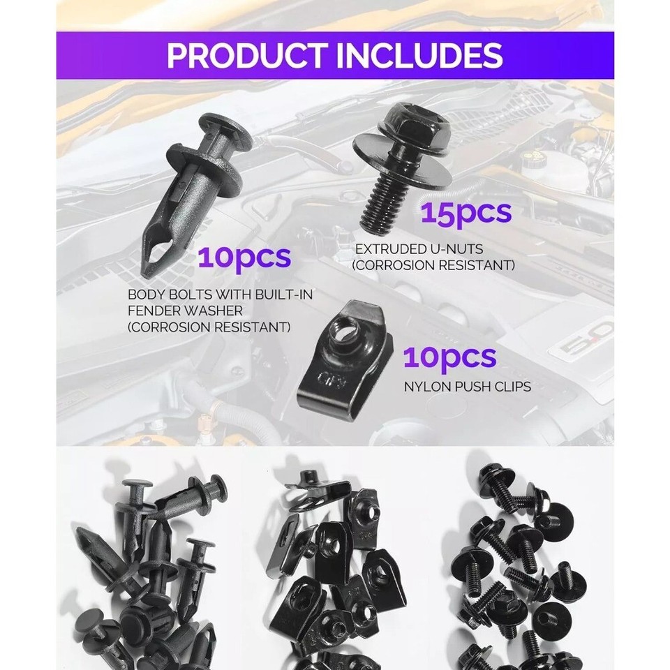 35PCS Car Body Bolts & U-nut Clips M6 Engine Cover Undertray Splash ...