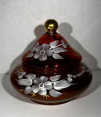 Vintage Ruby Red Covered Glass Candy Dish HandPainted With Gold Finial ...