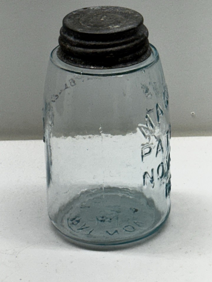 MASON'S CFJCo PATENT NOV 30TH 1858 MIDGET PINT FRUIT JAR WITH SIDE LUG ...