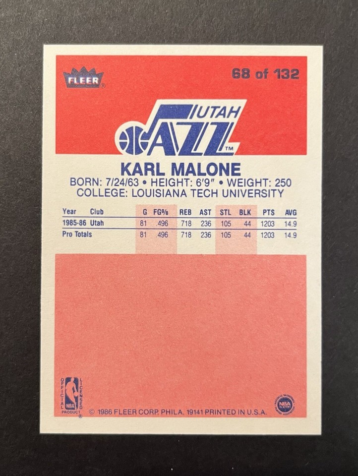 1986-87 Fleer Basketball Card: #68 Karl Malone Rookie RC (NM-MT) HOF | eBay