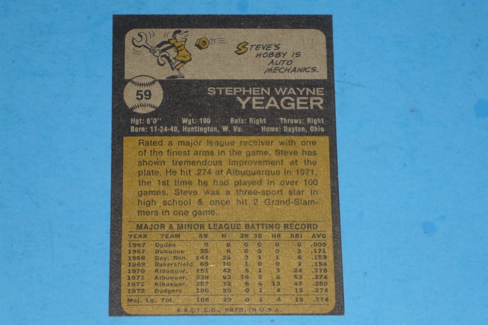 STEVE YEAGER-LOS ANGELES DODGERS ROOKIE CATCHER- 1973 TOPPS BASEBALL ...