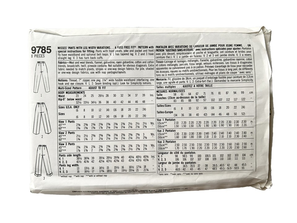 Simplicity Sewing Vintage (1990) Pattern #9785 Ladies Dress Pants Sz 16 ...
