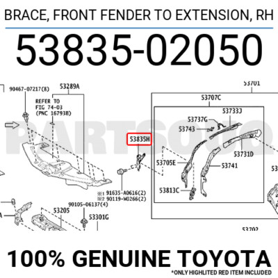 5383502050 Genuine Toyota BRACE, FRONT FENDER TO EXTENSION, RH 53835 ...