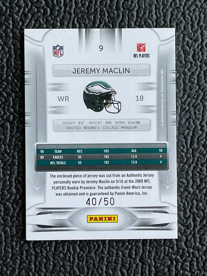 🔥JEREMY MACLIN 2010 PRESTIGE RR PRIME USED 6 COLOR EAGLES LOGO JERSEY ...