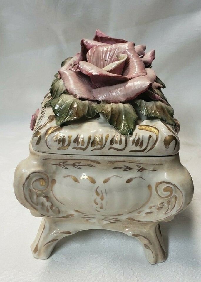 Porcelain Trinket Box Footed Floral with Pink Rose Lid Gold & Cream7" x ...