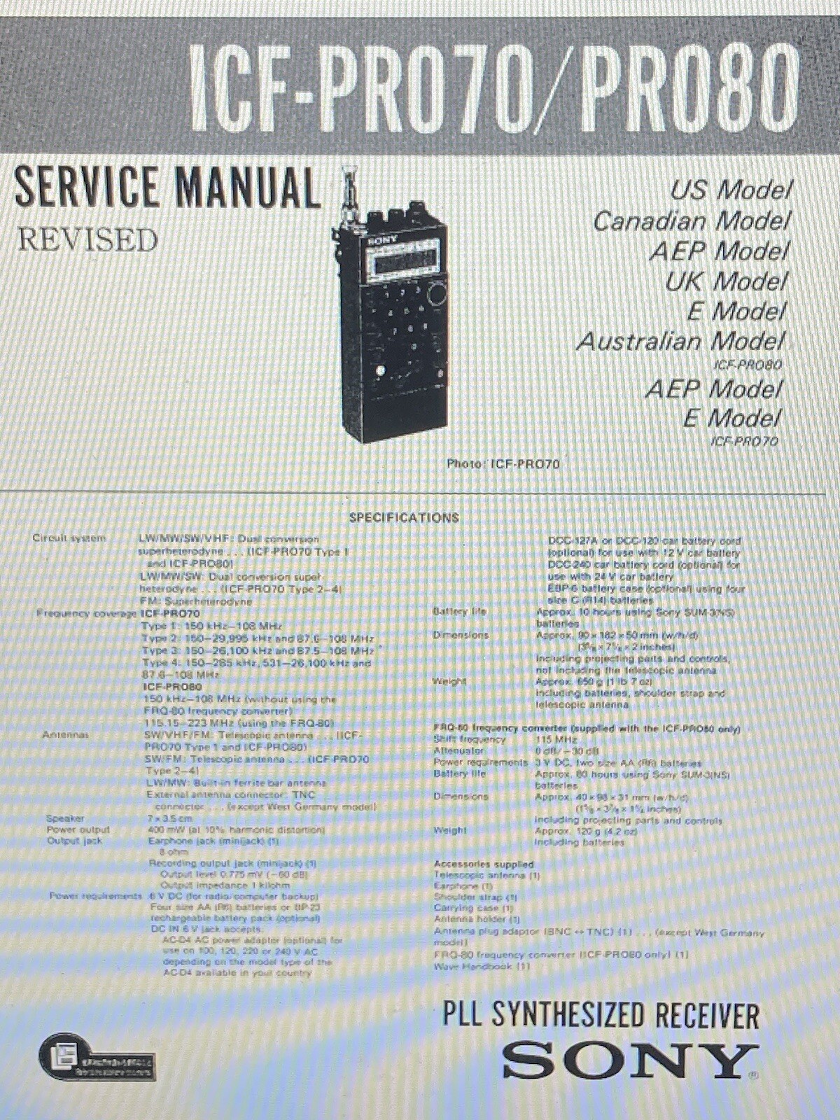 Sony Icf-pro70 Pro80 Service Manual Digital | eBay