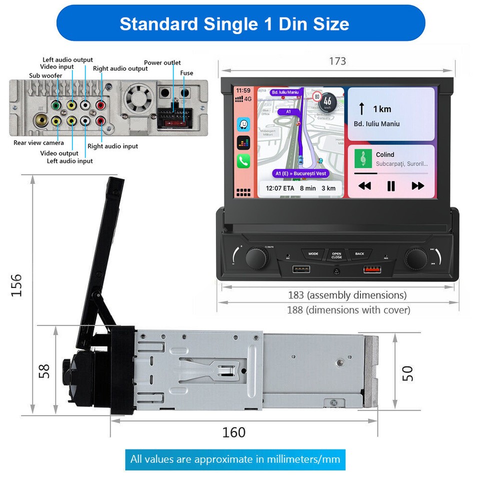 7" Flip Out Car Radio Stereo Insert with Apple Carplay Navigation Touch ...
