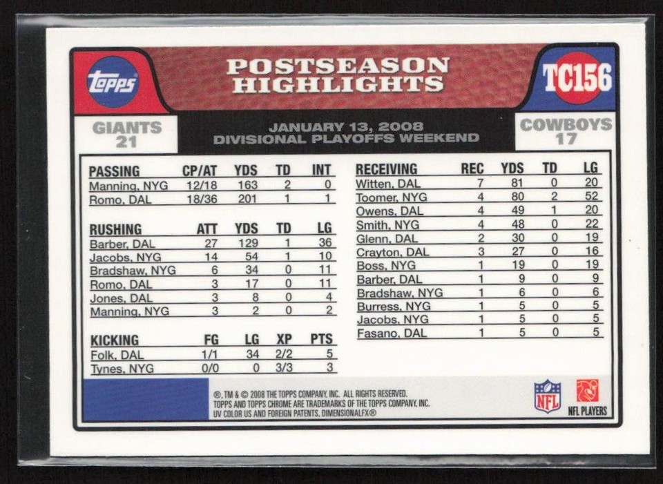 2008 Topps Chrome R.W. McQuarters #TC156 New York Giants | eBay