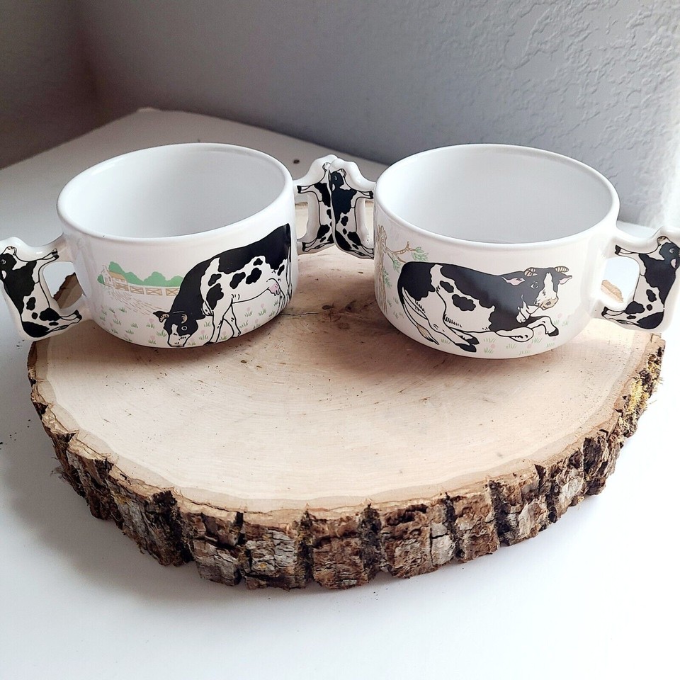 Vtg Holstein Cows Calf Double Handle Soup Bowls Mugs Farmhouse ...