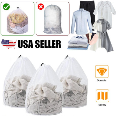3×Heavy Duty Large Mesh Net Wash Clothes Laundry Bag With Drawstring ...