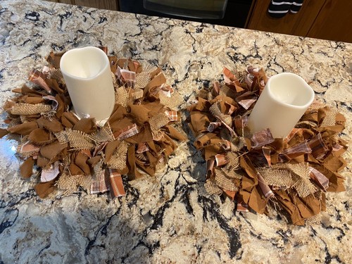 HANDMADE Lot Of 2 13” FALL THANKSGIVING RAG WREATHS OR CANDLE GARLAND ...