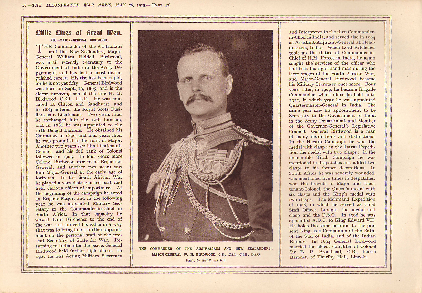1915 Première Guerre Mondiale Imprimé ~ Major-General W.R Birdwood ...