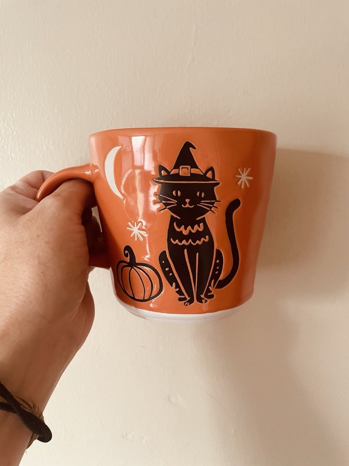 HALLOWEEN MUG by Prima Designs , Whimsical Black Cat And Pumpkin ...