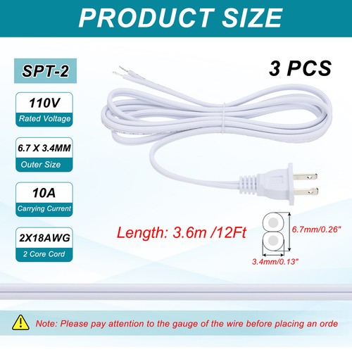 12 Feet Lamp Cord, 3 Pack SPT-2 18AWG UL Listed Power Wire, White ...