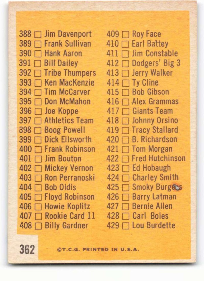 1963 Topps #362 Checklist 353-429 EX Excellent ID:315609 | eBay