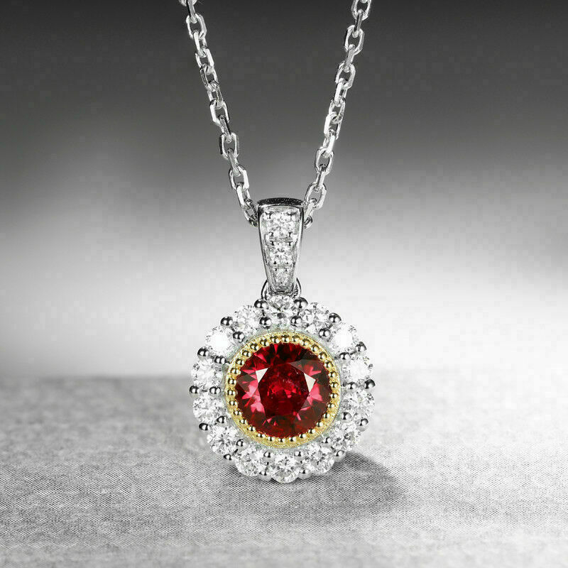 1Ct Round Cut Lab Created Red Ruby Halo Pendant 14k White Gold Finish ...