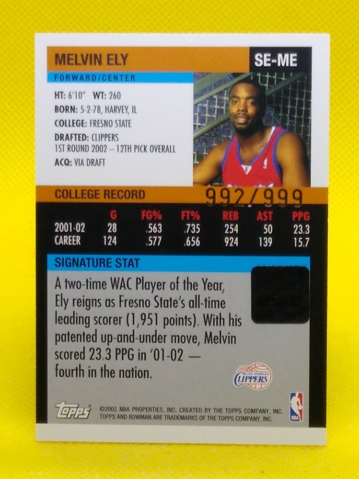 Melvin Ely 2002-03 Bowman Signature AUTOGRAPH ROOKIE JERSEY #SE-ME ...