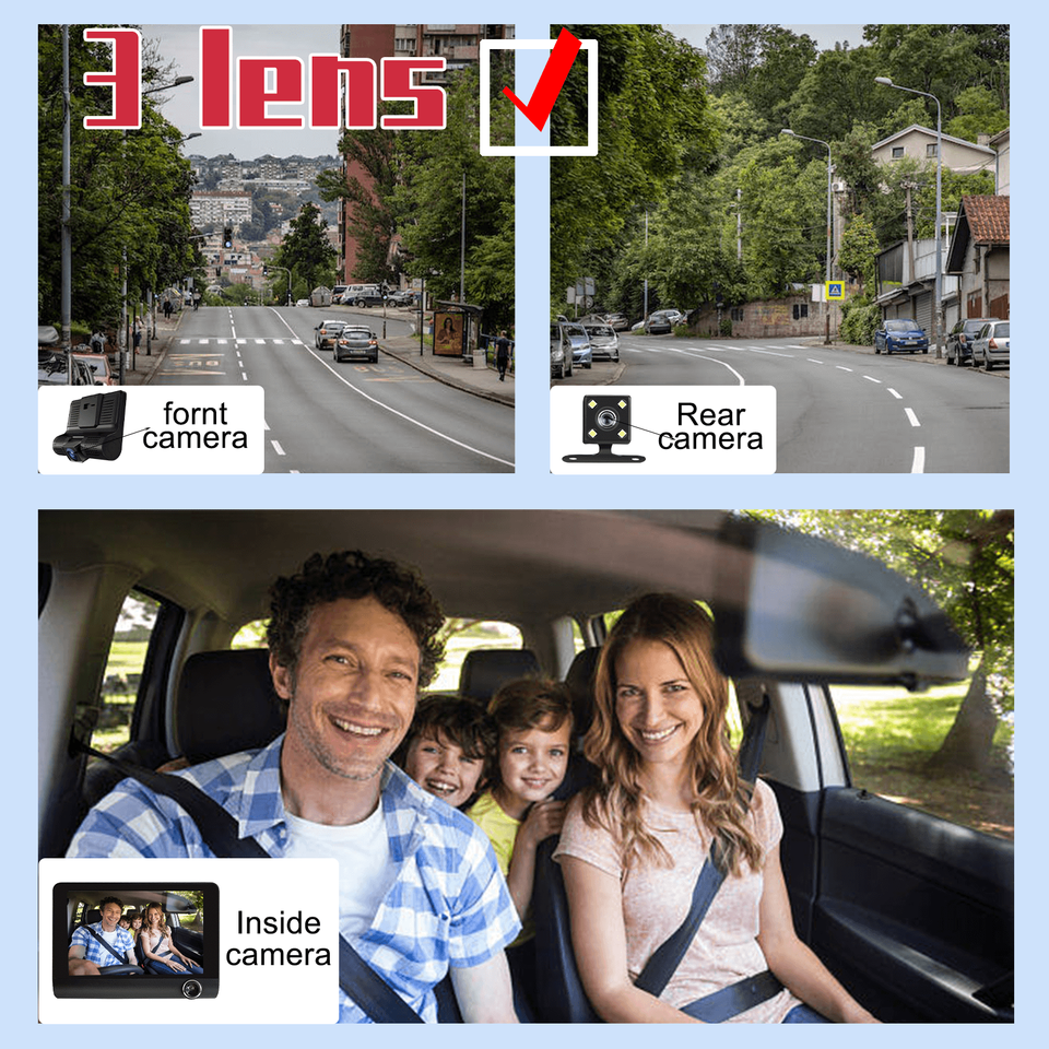 Dash Cam HD 1080p Car Dual Lens Front/Rear/Inside Video Recorder Camera ...
