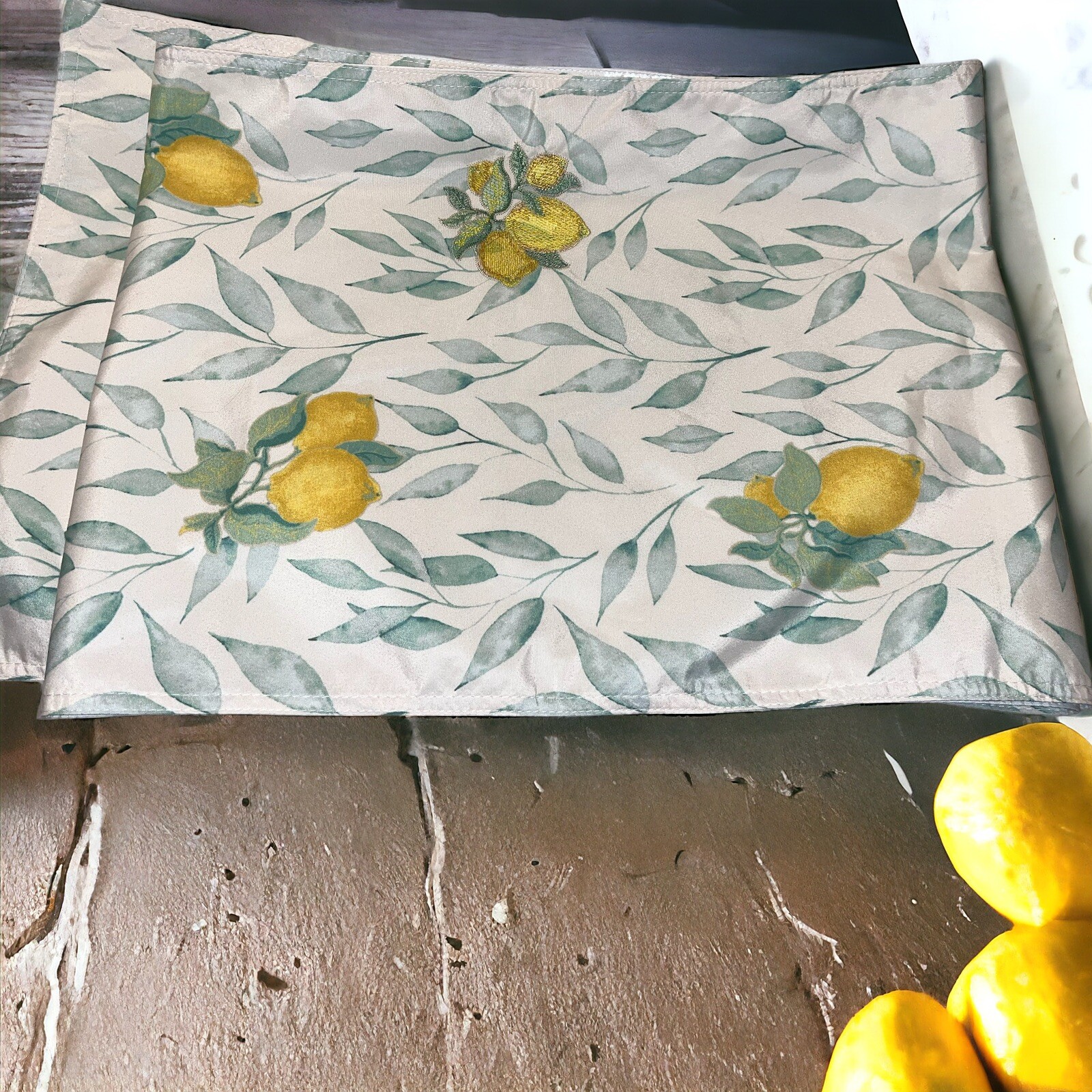 LAURA ASHLEY Lemon Tree Tablerunner embroidery leaves summer white ...