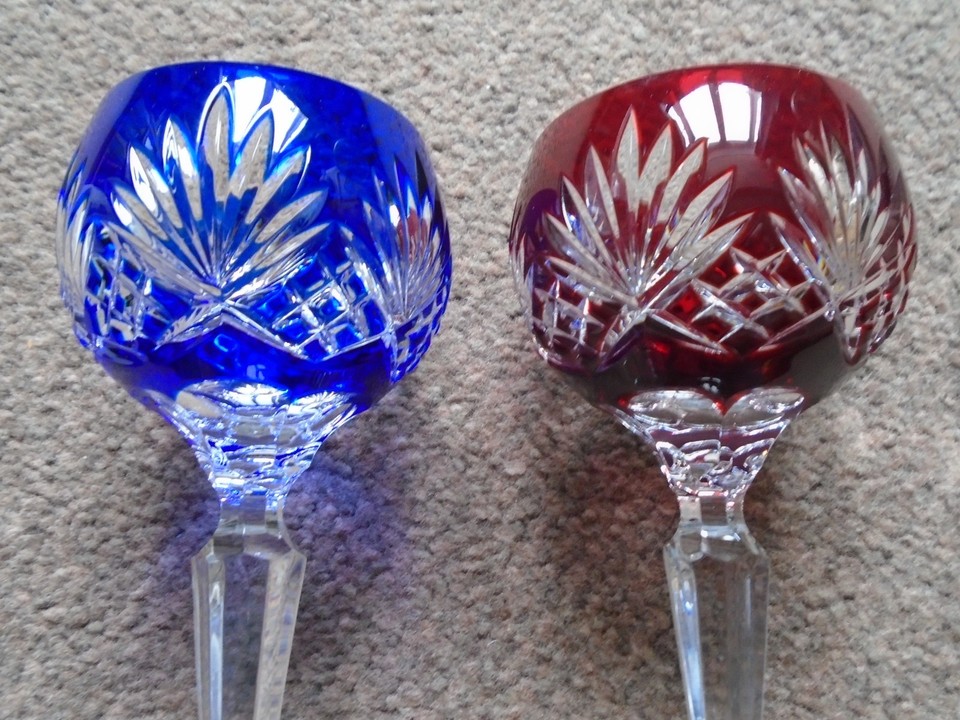 BOHEMIAN WINE GOBLETS X 2.CRYSTAL.CUT TO CLEAR.8.5".COBALT BLUE ...