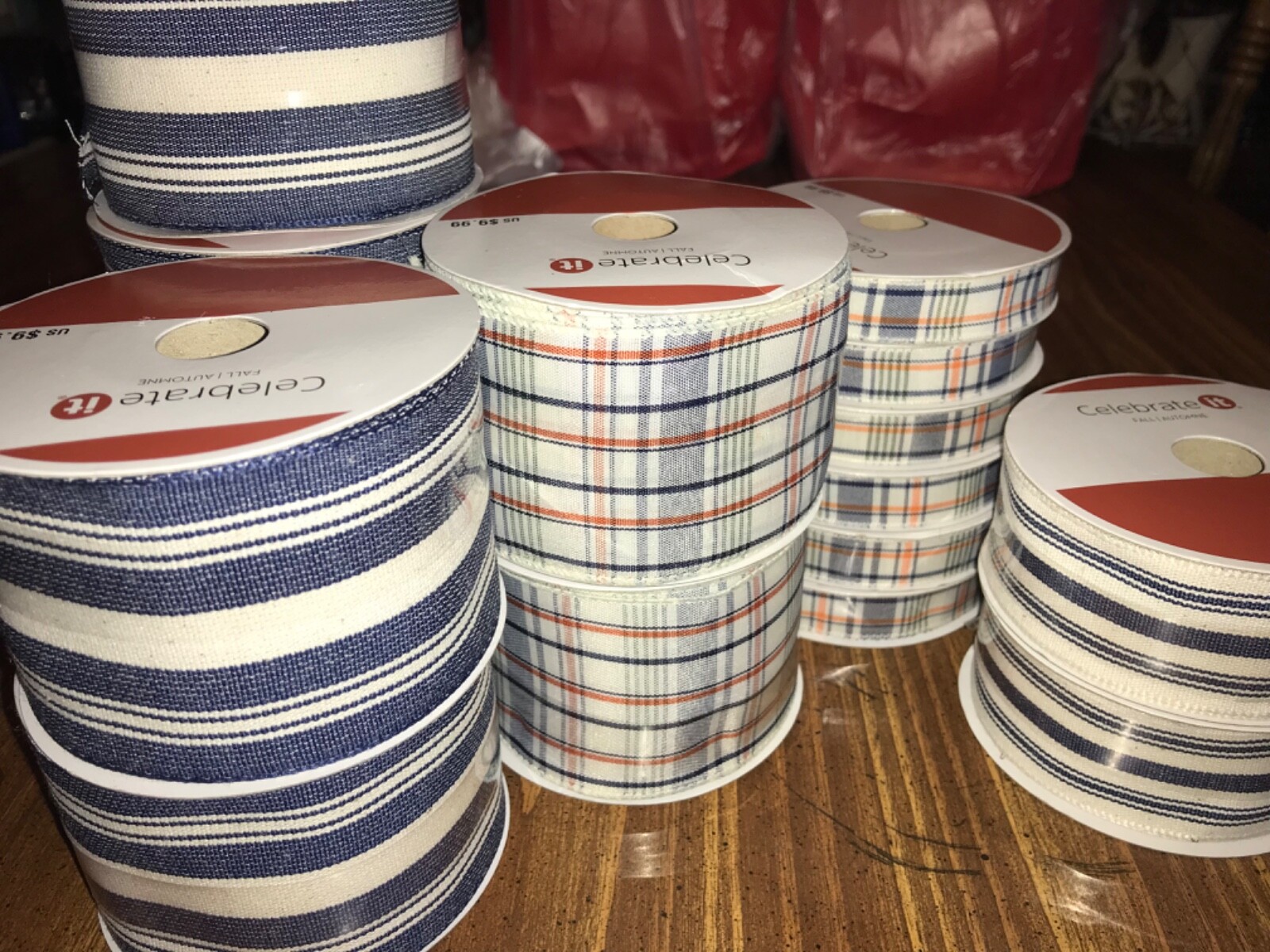 Lot of 17 NEW Rolls MSPCI wired Ribbon Plaid polyester Craft Ribbon 375 ...