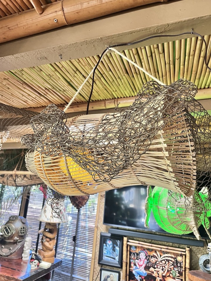 NEW Rattan Fish Trap Lamp W/ Real Puffer Fish Yellow Led Smokin Tikis ...