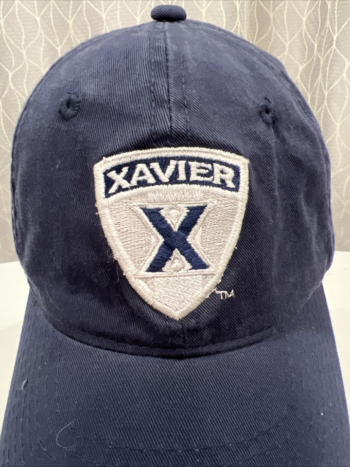 XAVIER SHIELD Logo White on Navy Blue Hat Cap Hook Loop Collegiate ...
