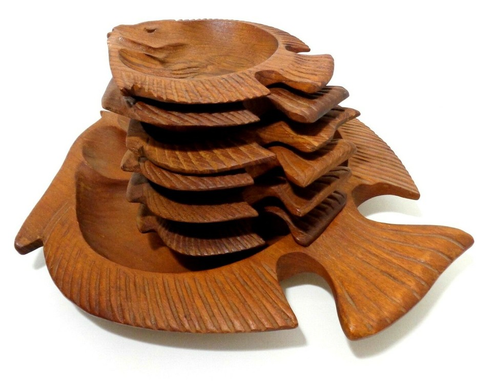 RARE MODERNIST VINT HAND CARVED FISH THEME TEAK WOOD SHALLOW BOWL, W/6 ...