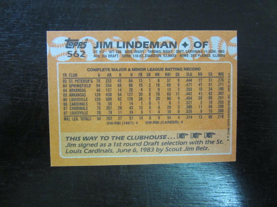 1988 Topps # 562 Jim Lindeman Autograph Signed Card (M) St Louis ...