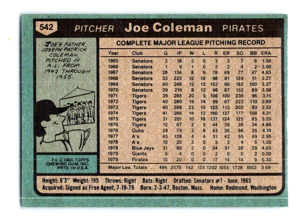 1980 MLB Topps Joe Coleman #542 Pittsburgh Pirates 80-T-BBC | eBay