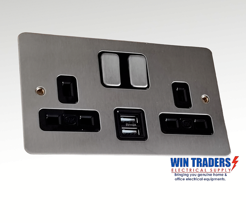 MK Edge K14344BSSB 13A USB Double Socket Brushed Steel with Black ...
