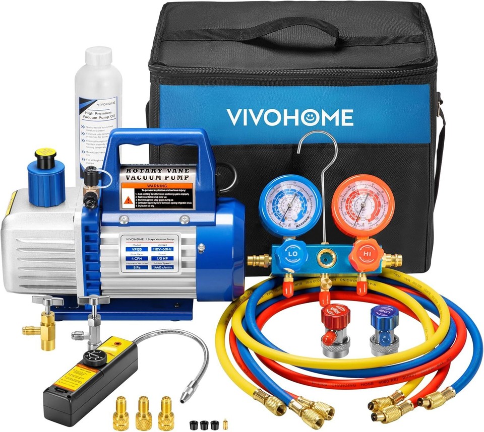 3.5CFM Air Vacuum Pump HVAC Manifold Gauge Set AC A/C Refrigeration Kit ...