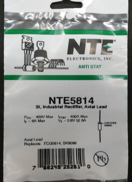 NTE Electronics NTE5814 Plastic Silicon Rectifier Axial Lead 6 Amp ...