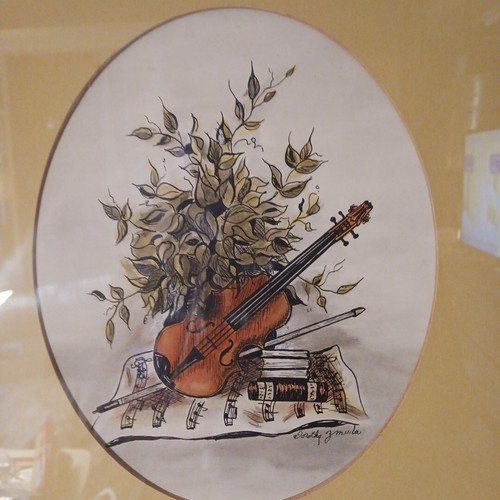 VTG PEN AND INK Original Art Still Life "Serenade" Violin Naive Folk ...