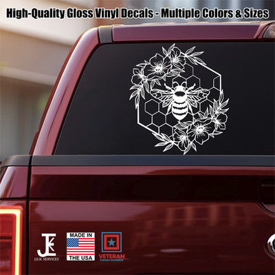 Flowers, Honey Bee & Beehive - Vinyl Cut Sticker Decal (Pick Your Size ...