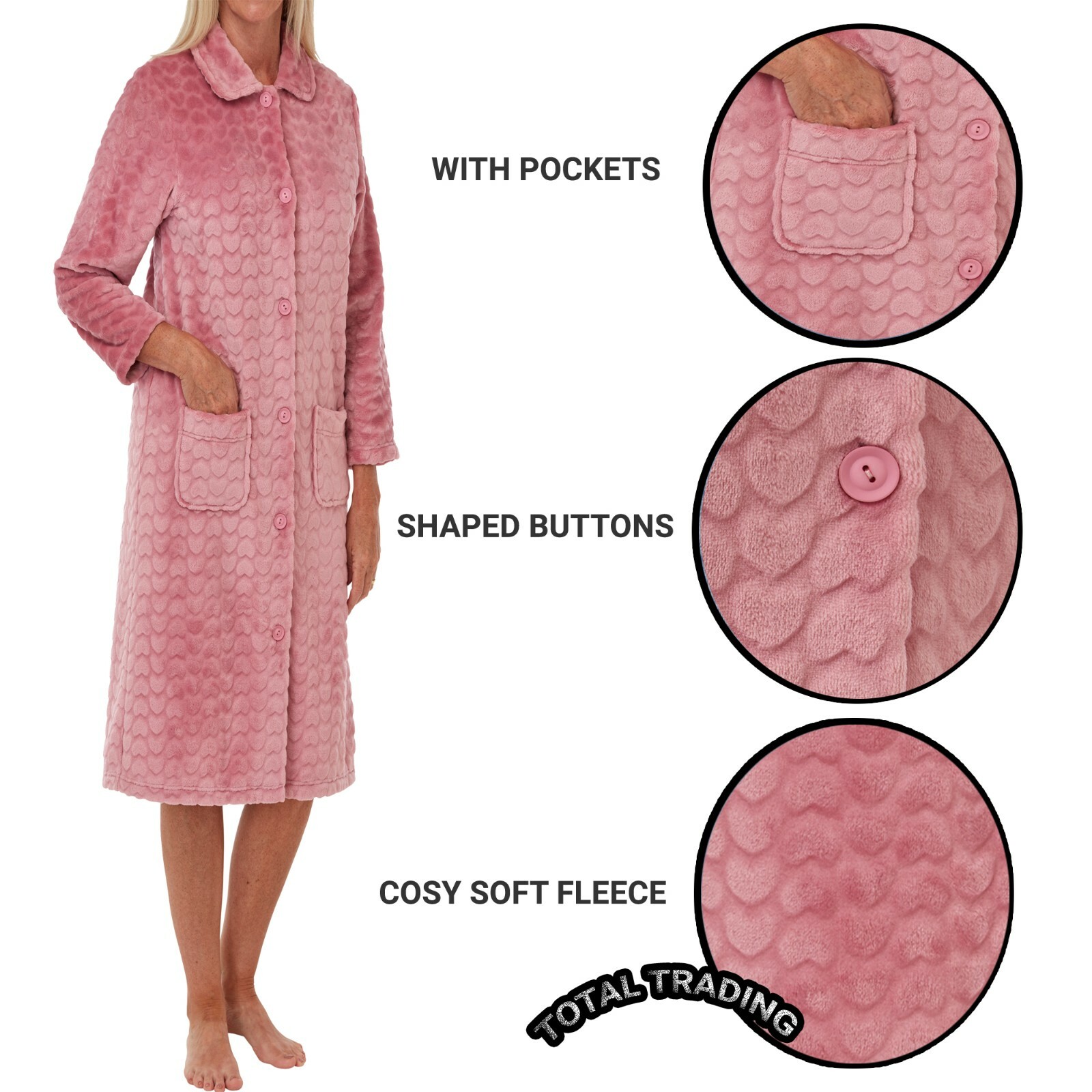 LADIES dressing gowns fleece housecoat traditional ZIP UP or BUTTON ...