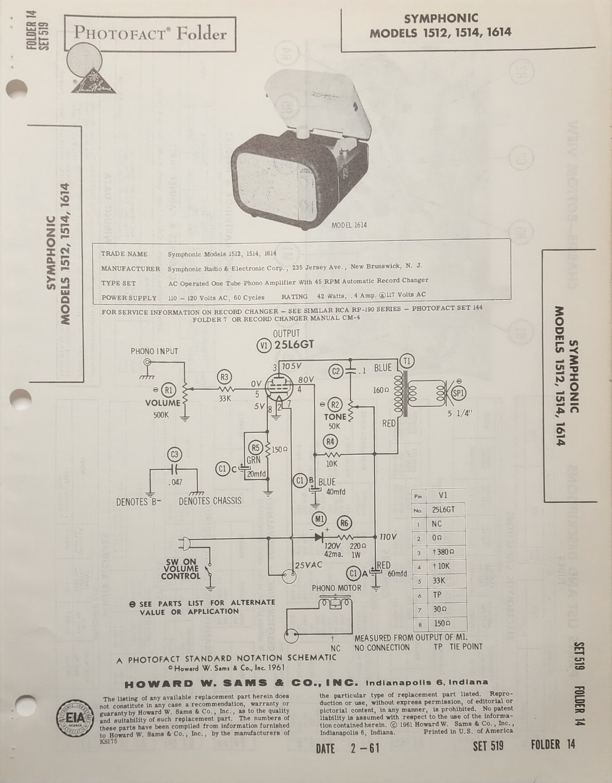 SAMS PHOTOFACT SERVICE MANUAL 519-14 SYMPHONIC MODELS 1512 1514 1614 | eBay
