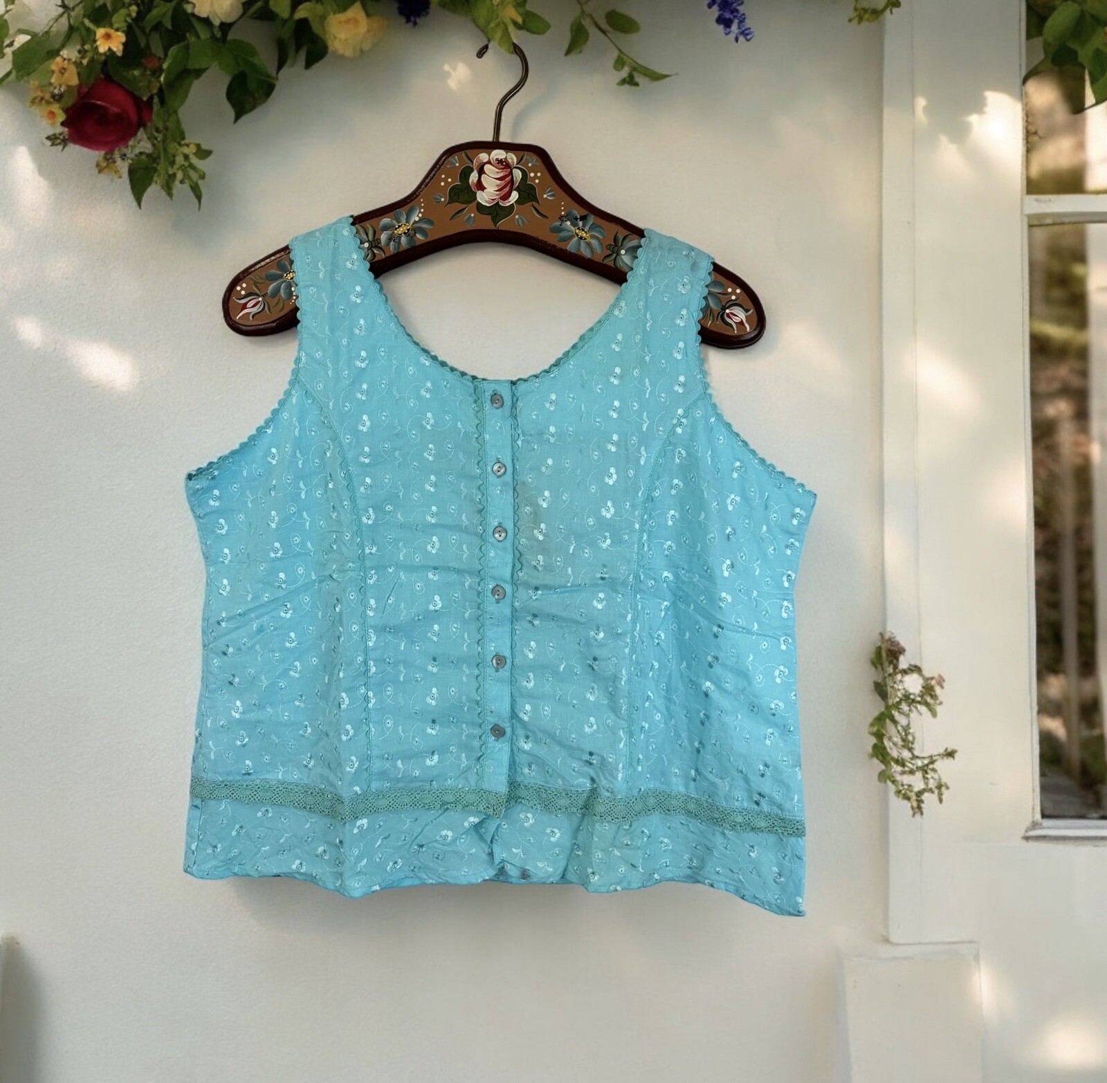 Blue Flower Crochet Button Blouse Frilly Dainty Cottage Core Coquette ...