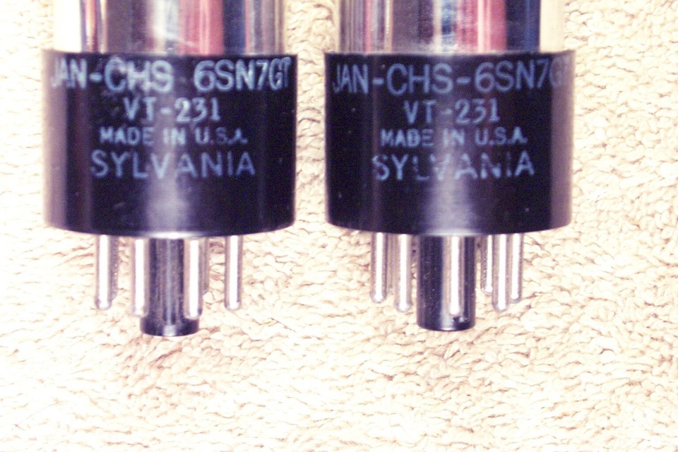 Two, Sylvania, VT-231, 6SN7GT, wartime, black T-plates, matching pair ...