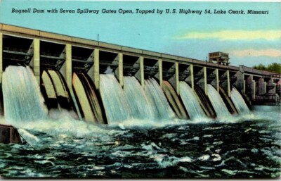 Chrome Postcard Bagnell Dam Lakeside Missouri MO Spillway Gates Open US ...
