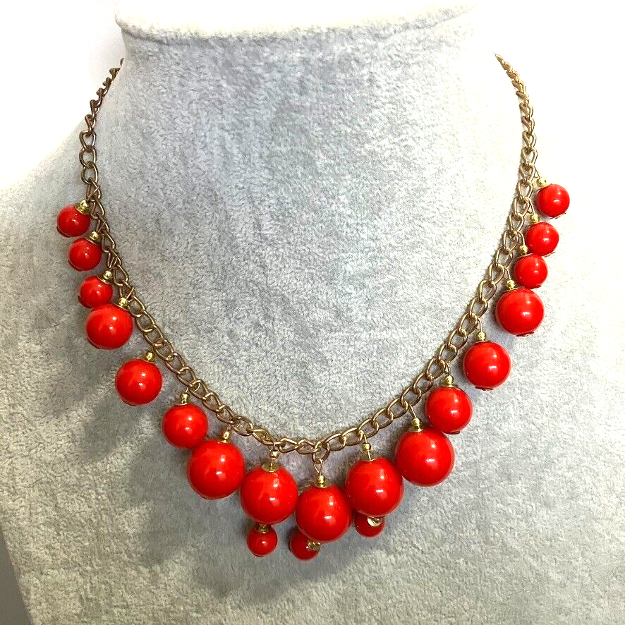 Dangle Red Plastic Bead Necklace Gold Tone Chain Vintage 60's 70's Vibe ...