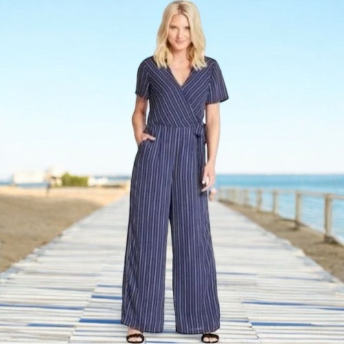 Revolve J.O.A. Women's S Short Sleeve Wide Leg Jumpsuit Navy Blue ...