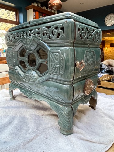 Antique French cast iron enamelled wood burning stove vgc canal boat ...