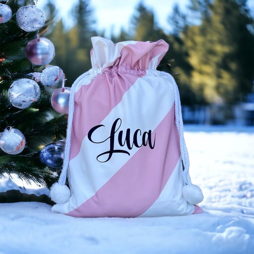 Personalised Christmas Santa Sack Pink & White Stripe With Pom Poms ...