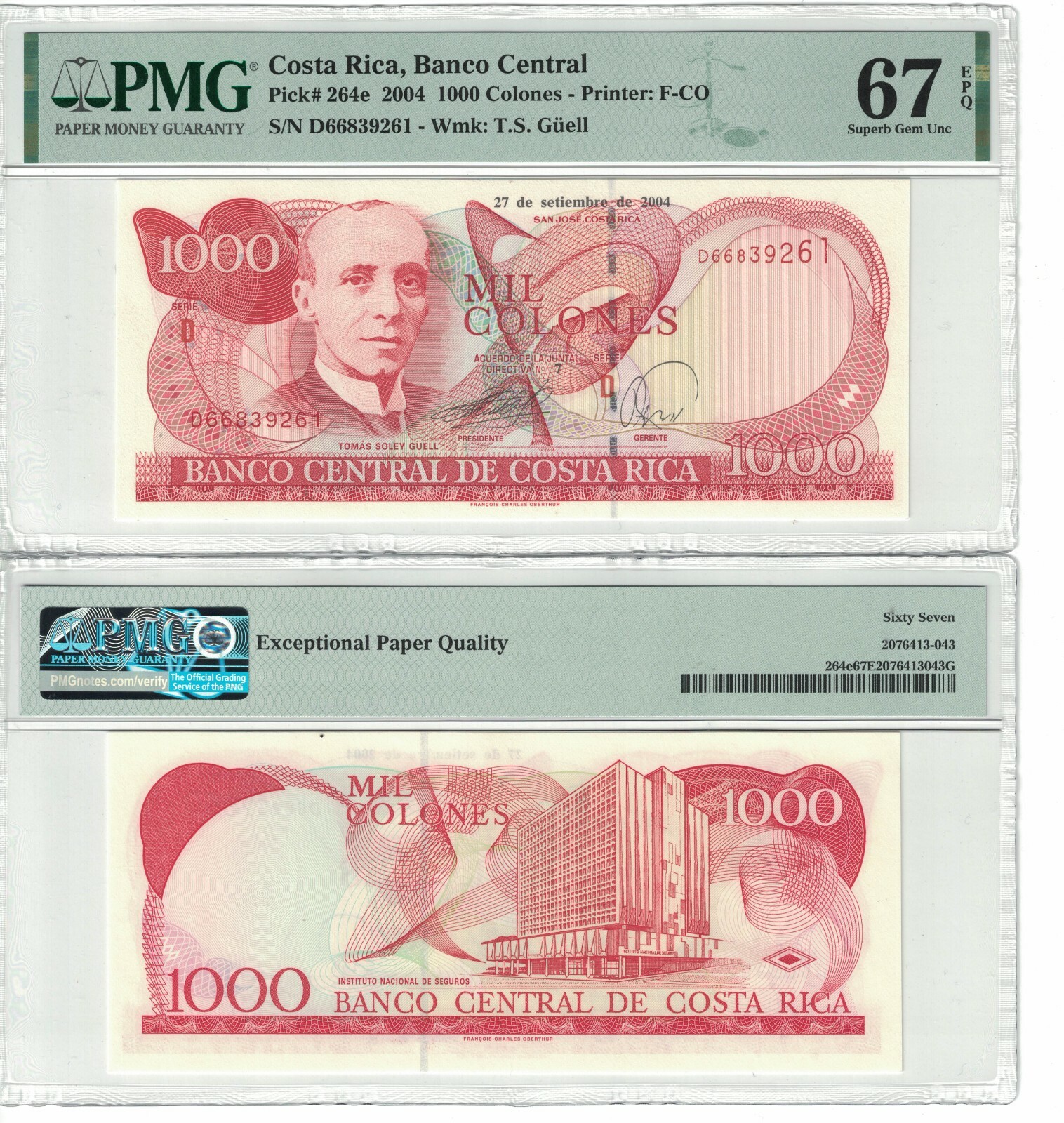 Costa Rica 1000 Colones 2004 Pick# 264e PMG: 67 EPQ GEM UNC. PL1201 | eBay