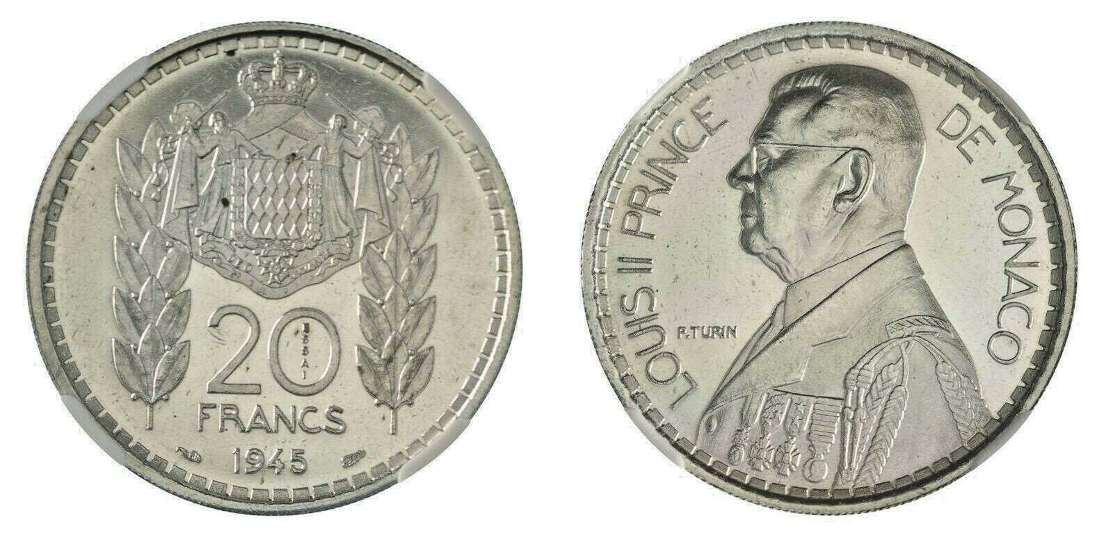 Monaco, 1945 (Ag), 20 Francs, Essai (KM E21), Rare Pattern Coin ...